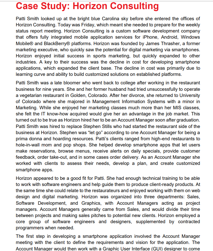 Solved Case Study: Horizon Consulting Patti Smith looked up | Chegg.com