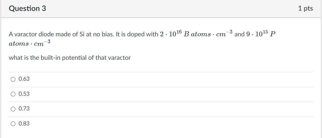 Solved Question 3 1 pts A varactor diode made of Si at no | Chegg.com