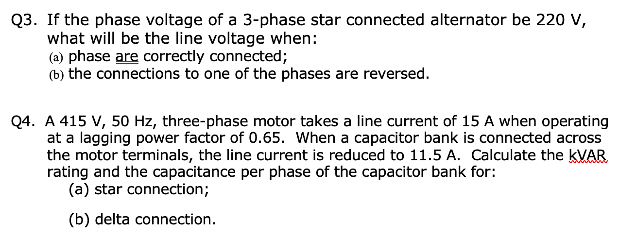Solved Q3. If the phase voltage of a 3-phase star connected | Chegg.com