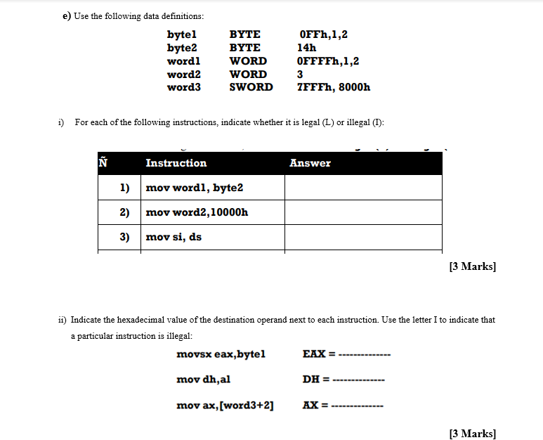 Solved e) Use the following data definitions: bytel byte2 | Chegg.com