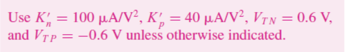 Solved Use Kn′=100μA/V2,Kp′=40μA/V2,VTN=0.6 V and VTP=−0.6 V | Chegg.com