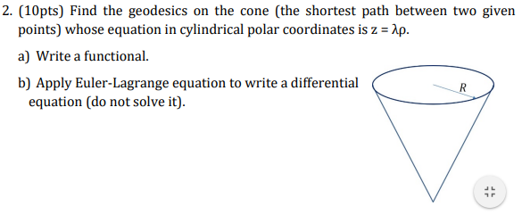 Solved 2. (10pts) Find the geodesics on the cone (the | Chegg.com