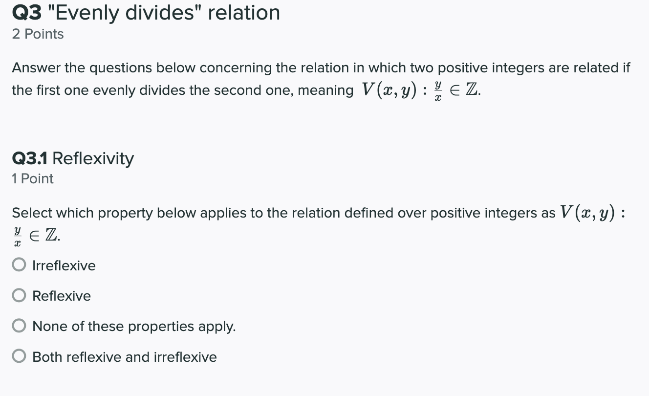 Solved Q3 "Evenly divides" relation 2 Points Answer the | Chegg.com