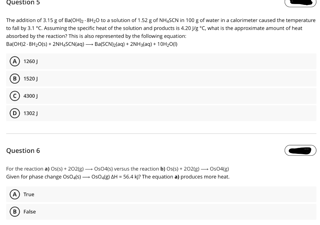 Solved Question 5 The addition of 3.15 g of Ba(OH)2 - 8H20 | Chegg.com