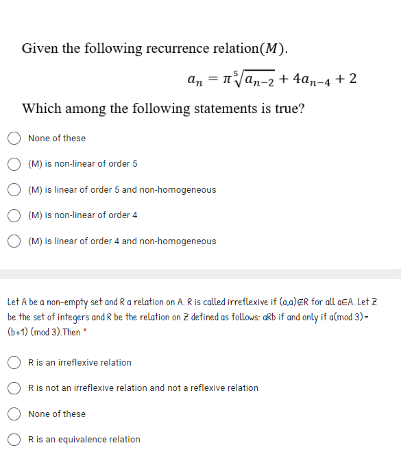 Solved Given the following recurrence relation(M). = 1/an-2 | Chegg.com