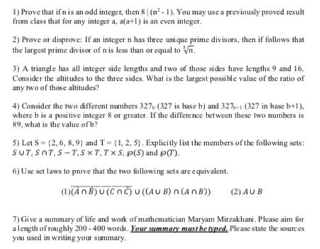 Solved 1) Prove that if nis an odd integer, then 8(n-1). You | Chegg.com
