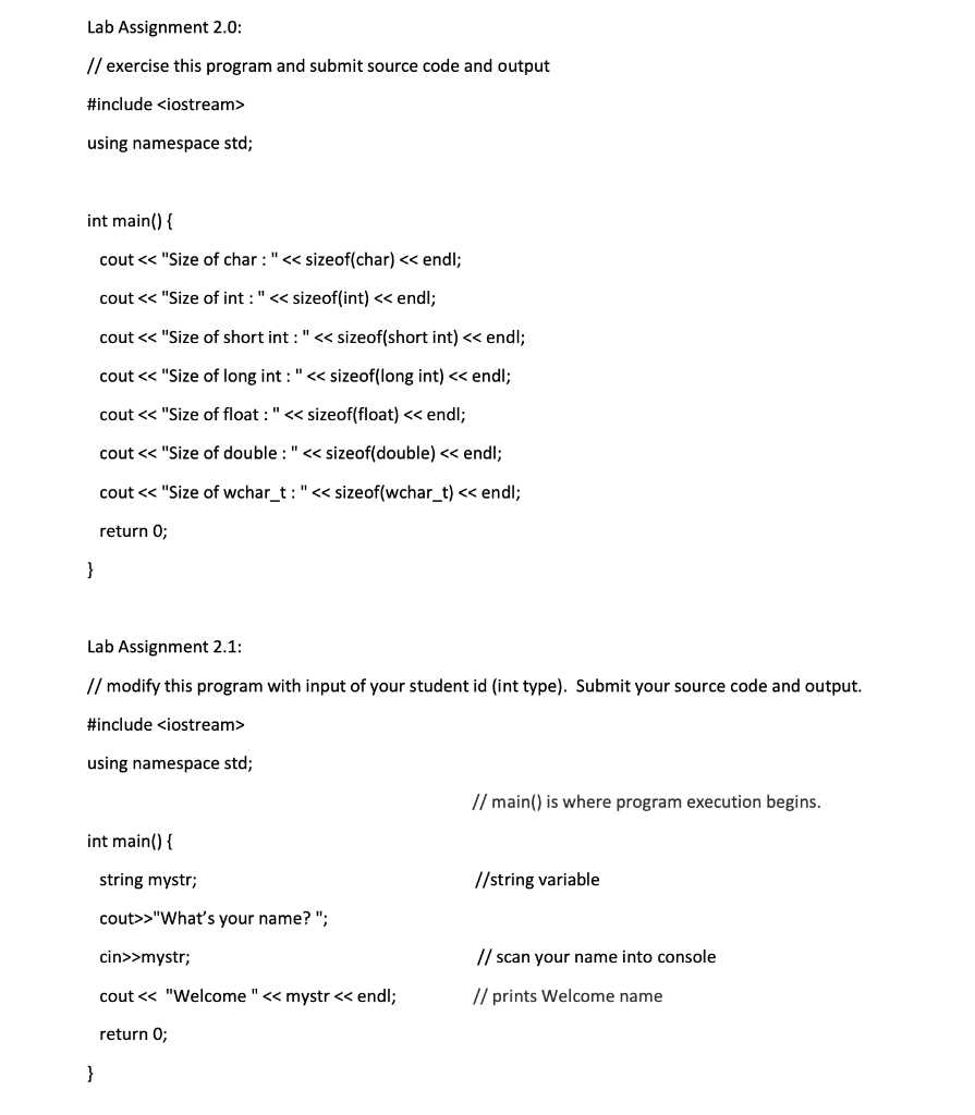 Solved Lab Assignment 2.0: // exercise this program and | Chegg.com