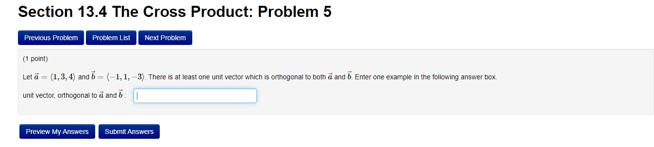 Solved Section 13.4 The Cross Product: Problem 5 Previous | Chegg.com