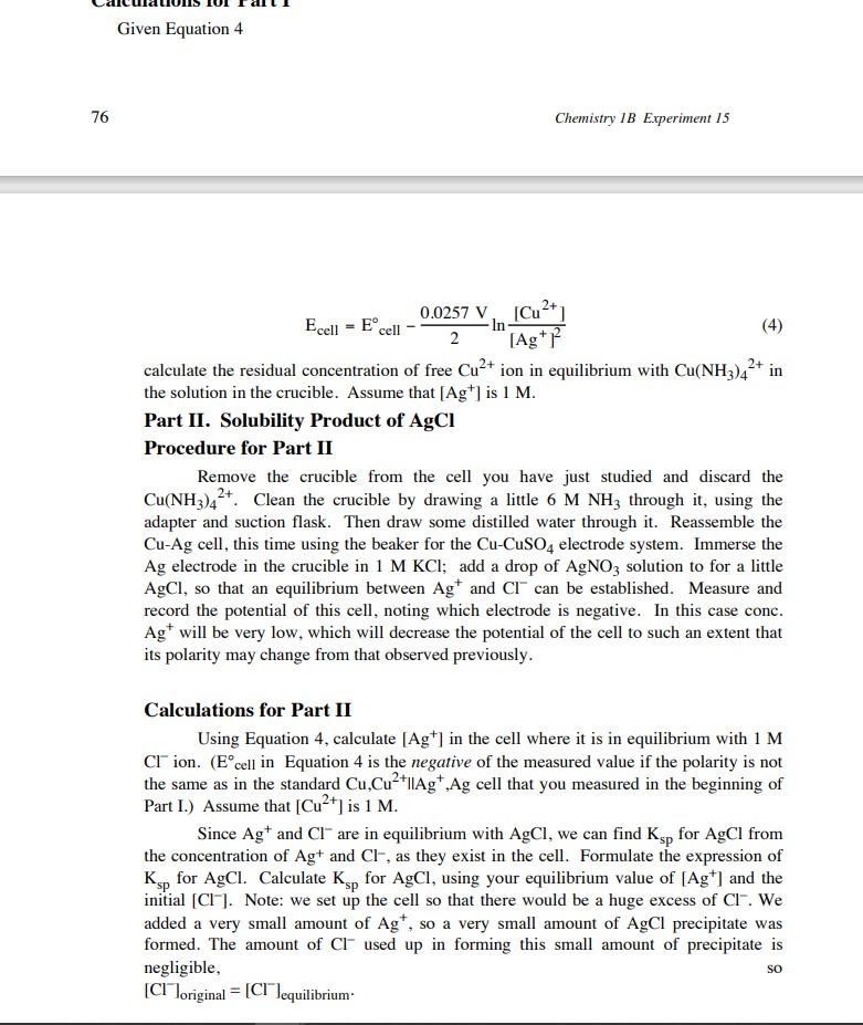 Solved Given Equation 4 76 Chemistry IB Experiment 15 Ecell | Chegg.com