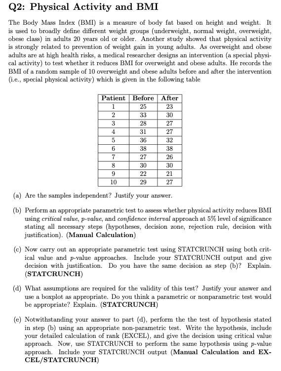 Solved Q2: Physical Activity and BMI The Body Mass Index | Chegg.com