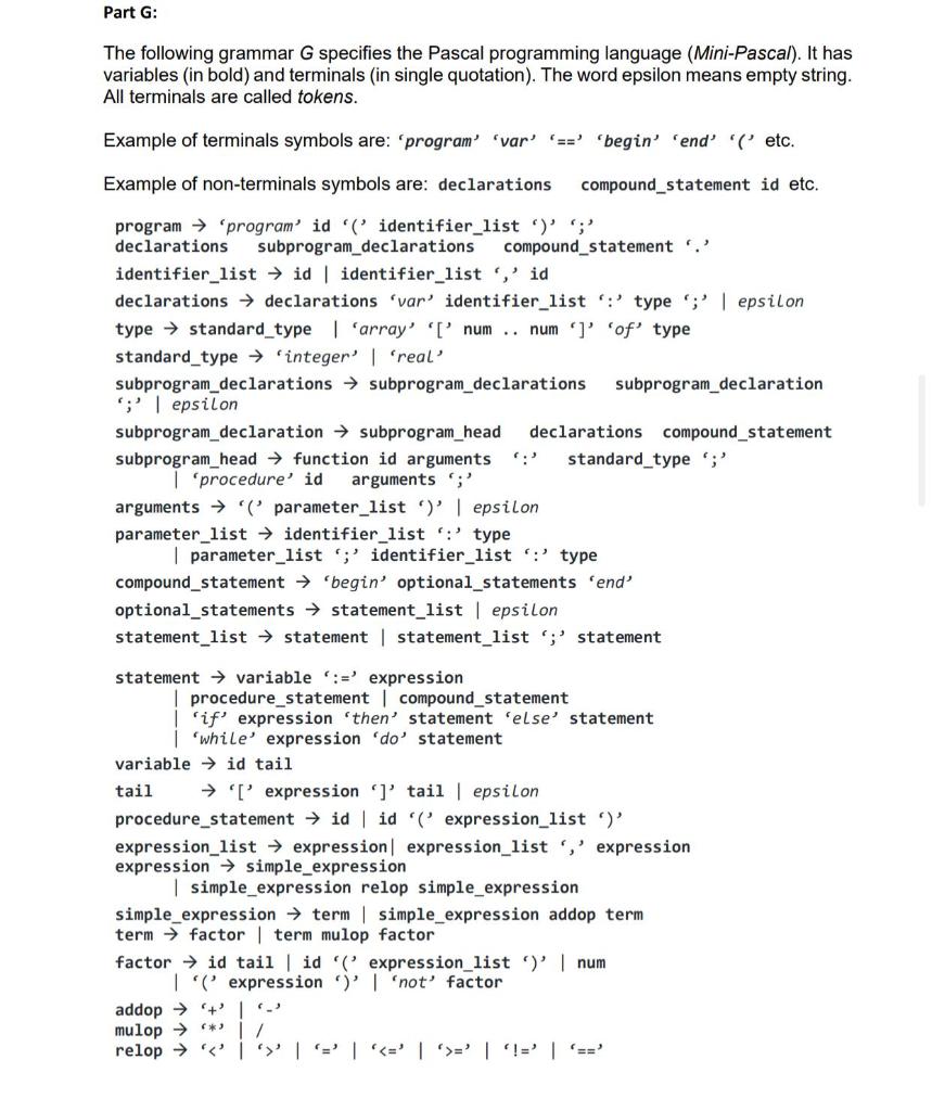 Solved Part G: The following grammar G specifies the Pascal | Chegg.com