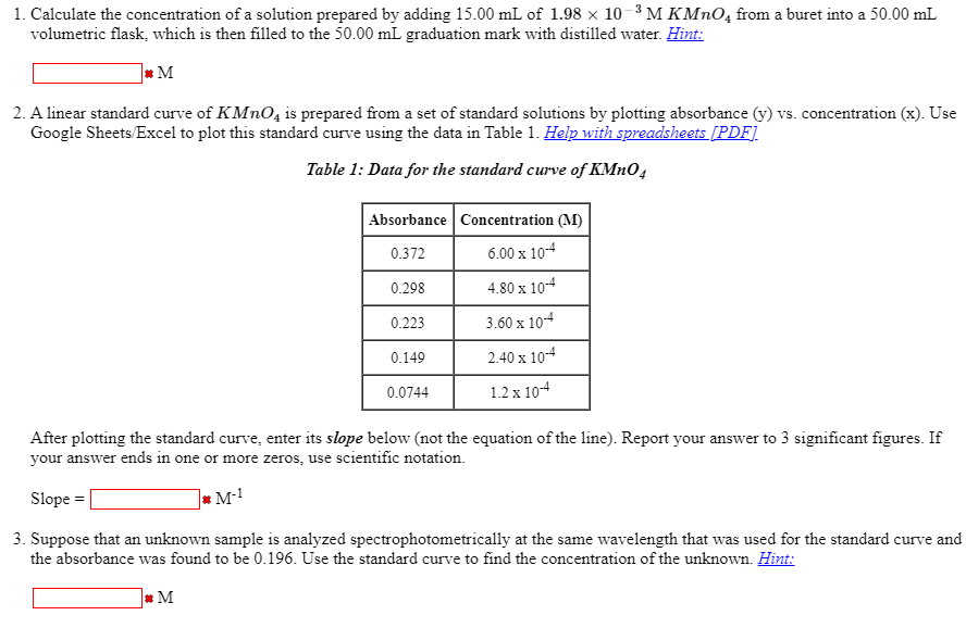 Solved 2. A linear standard curve of KMnO4KMnO4 is prepared | Chegg.com