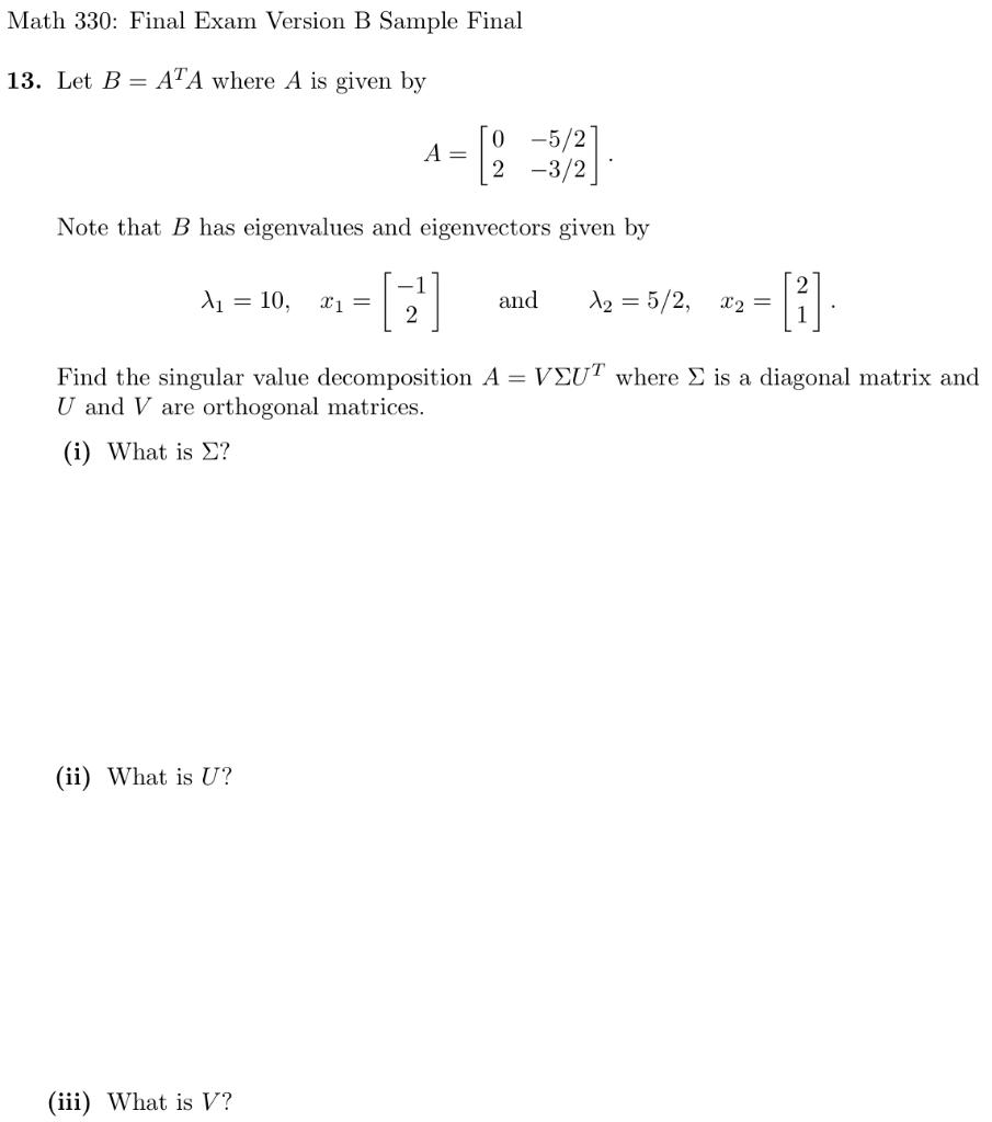 Solved Math 330: Final Exam Version B Sample Final 13. Let | Chegg.com