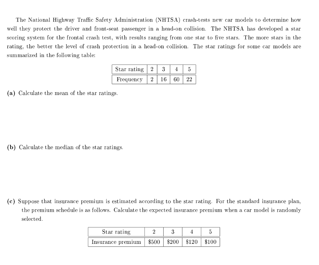 Solved The National Highway Traffic Safety Administration | Chegg.com