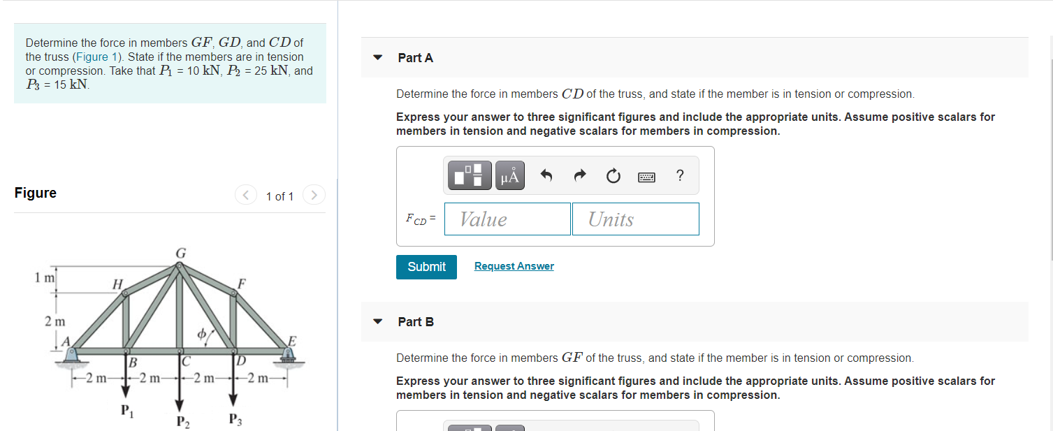 Solved Determine the force in members GF, GD, and CD of the | Chegg.com