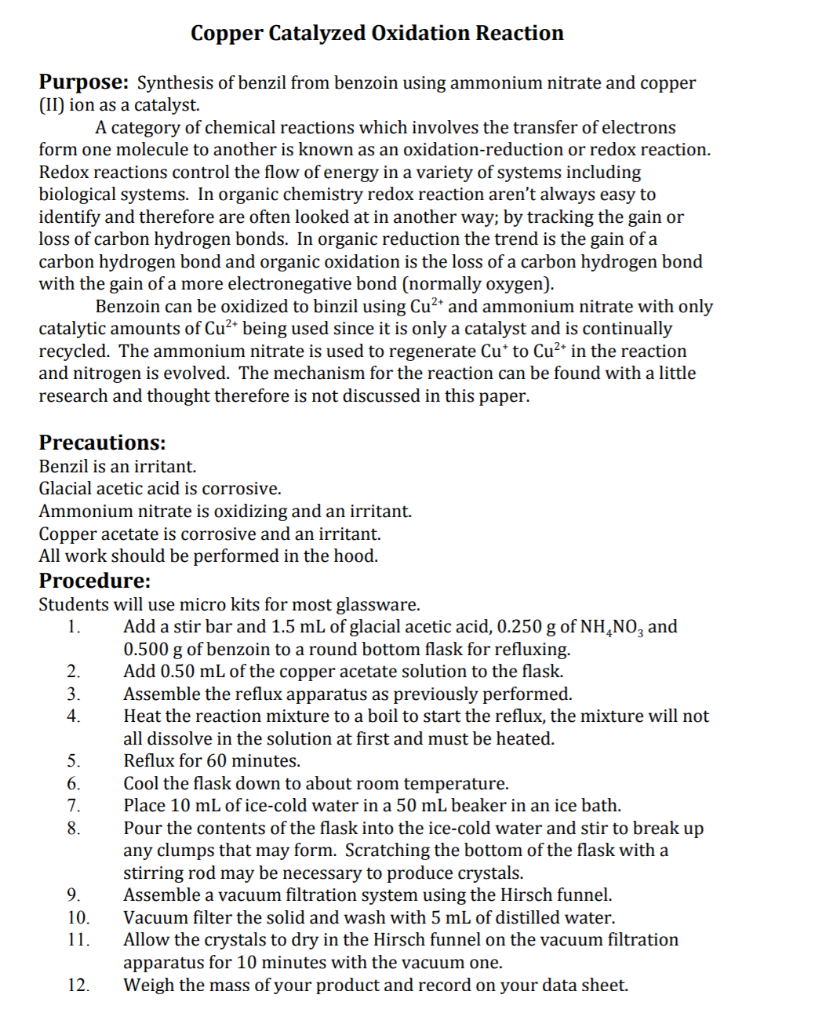Solved Copper Catalyzed Oxidation Reaction Purpose: | Chegg.com