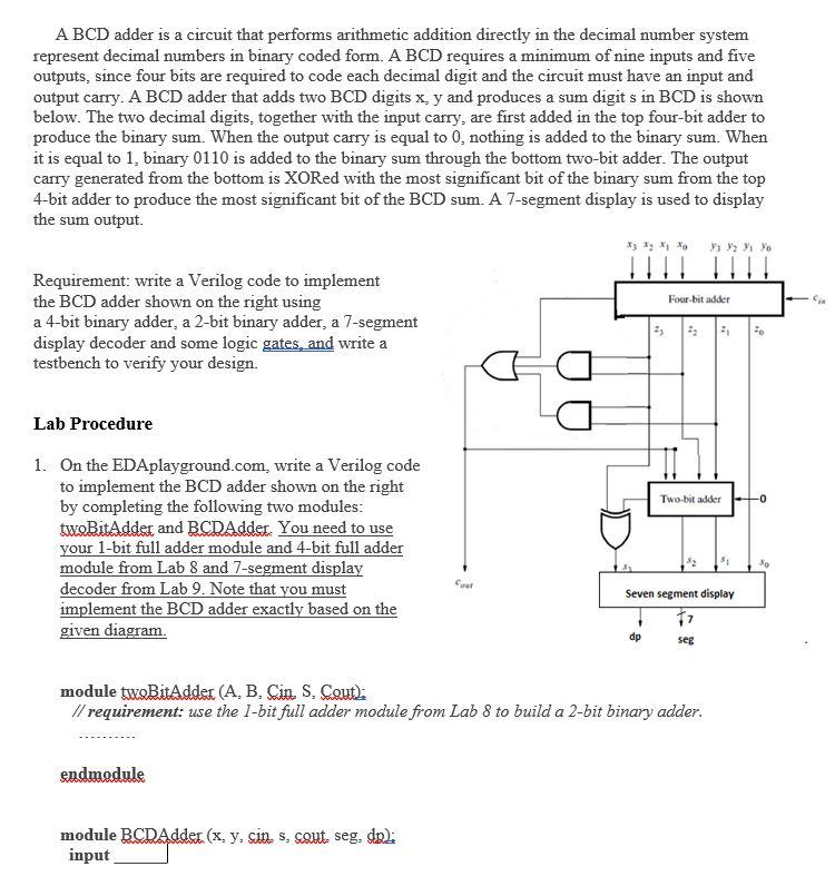 A BCD adder is a circuit that performs arithmetic | Chegg.com