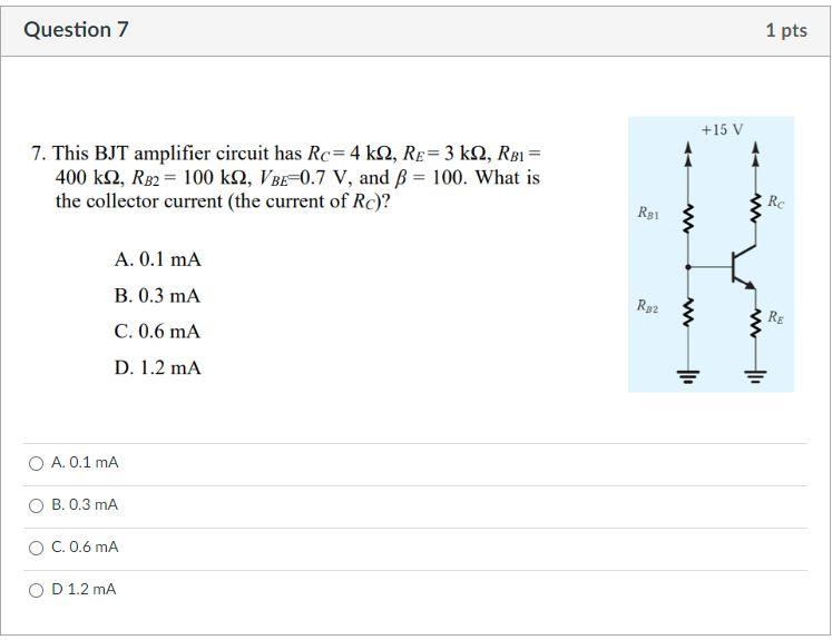 Solved 7. This BJT amplifier circuit has RC=4kΩ,RE=3kΩ,RB1= | Chegg.com