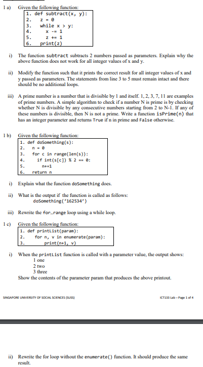 Solved 1 ﻿a) ﻿Given the following function:def subtract(x,y) | Chegg.com