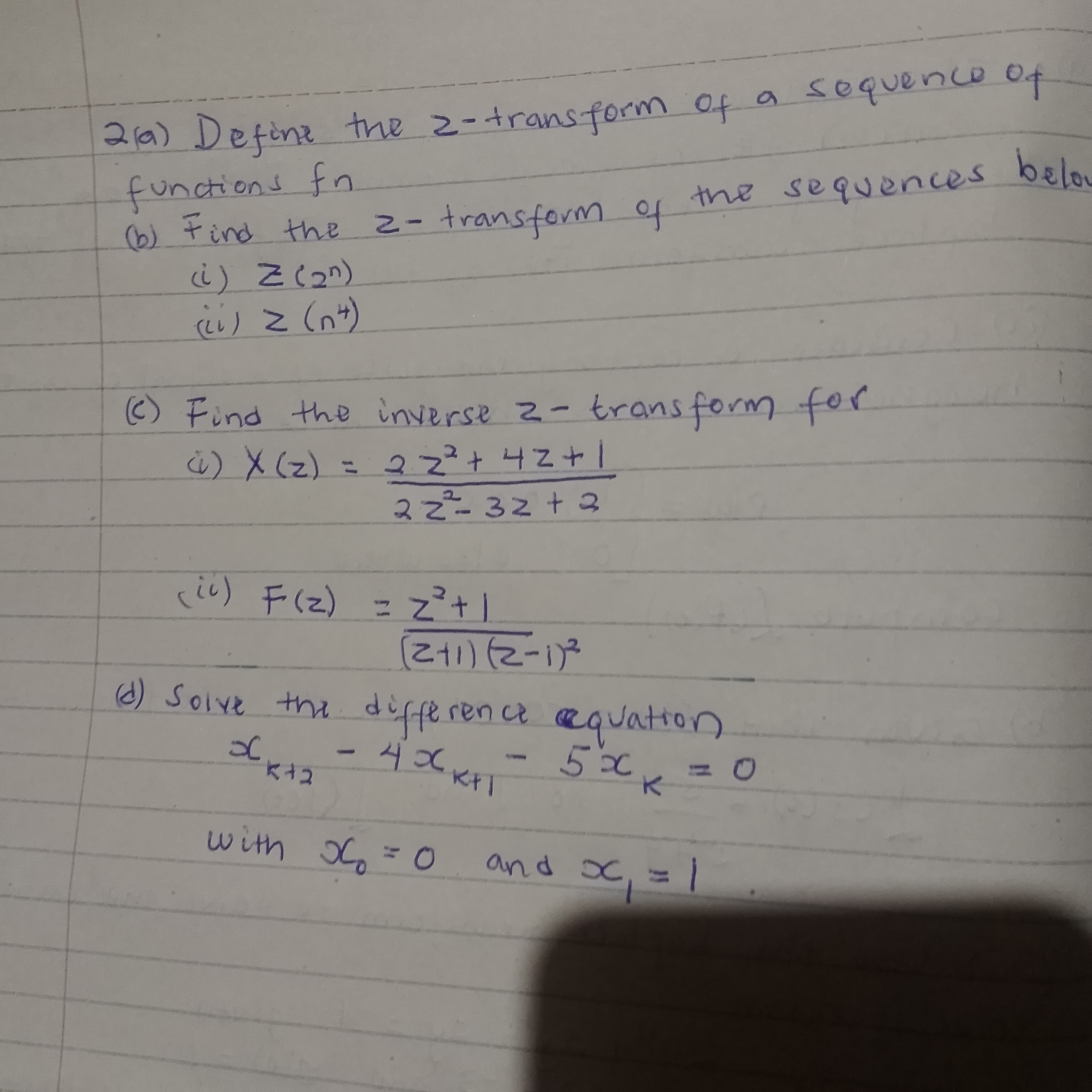 Solved 2(a) Define the 2 -transform of a sequence of | Chegg.com