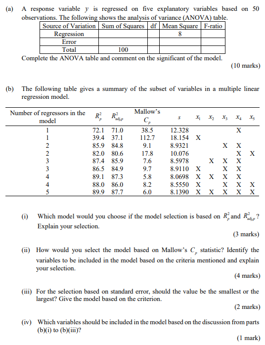 Solved (a) A response variable \\( y \\) is regressed on | Chegg.com