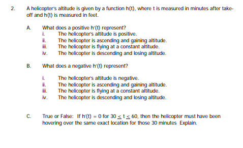 Solved 2. A helicopter's altitude is given by a function | Chegg.com