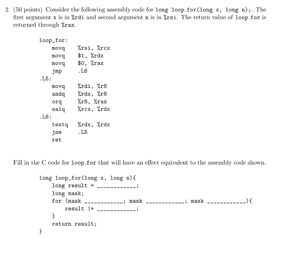 Solved 2. (50 points) Consider the following assembly code | Chegg.com