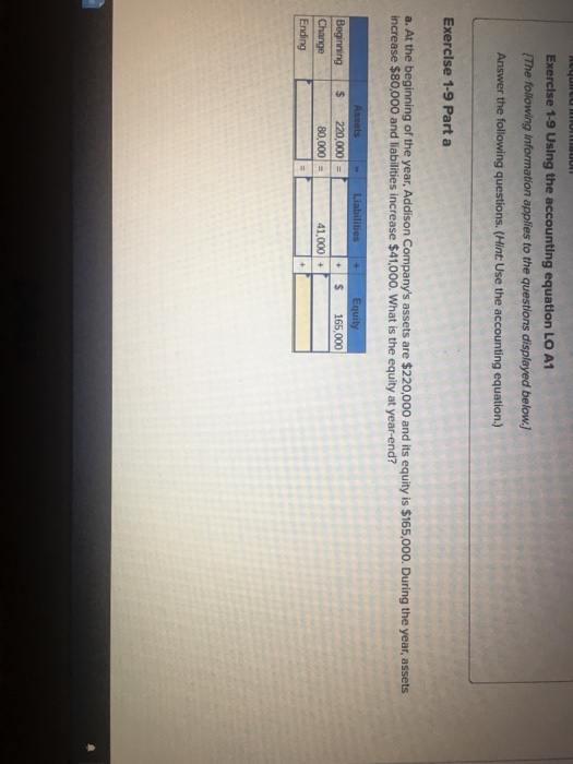Solved Exercise 1-9 Using the accounting equation LO A1 The | Chegg.com