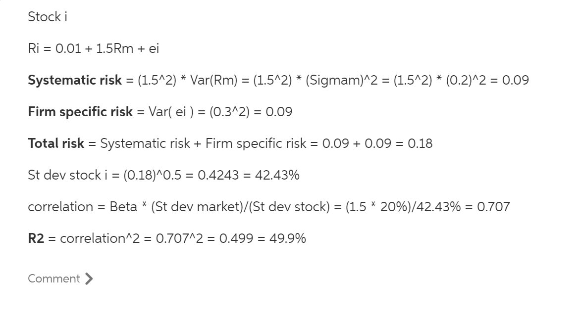 Solved The single-index model for stock i is R; = 0.01+1.5RM | Chegg.com
