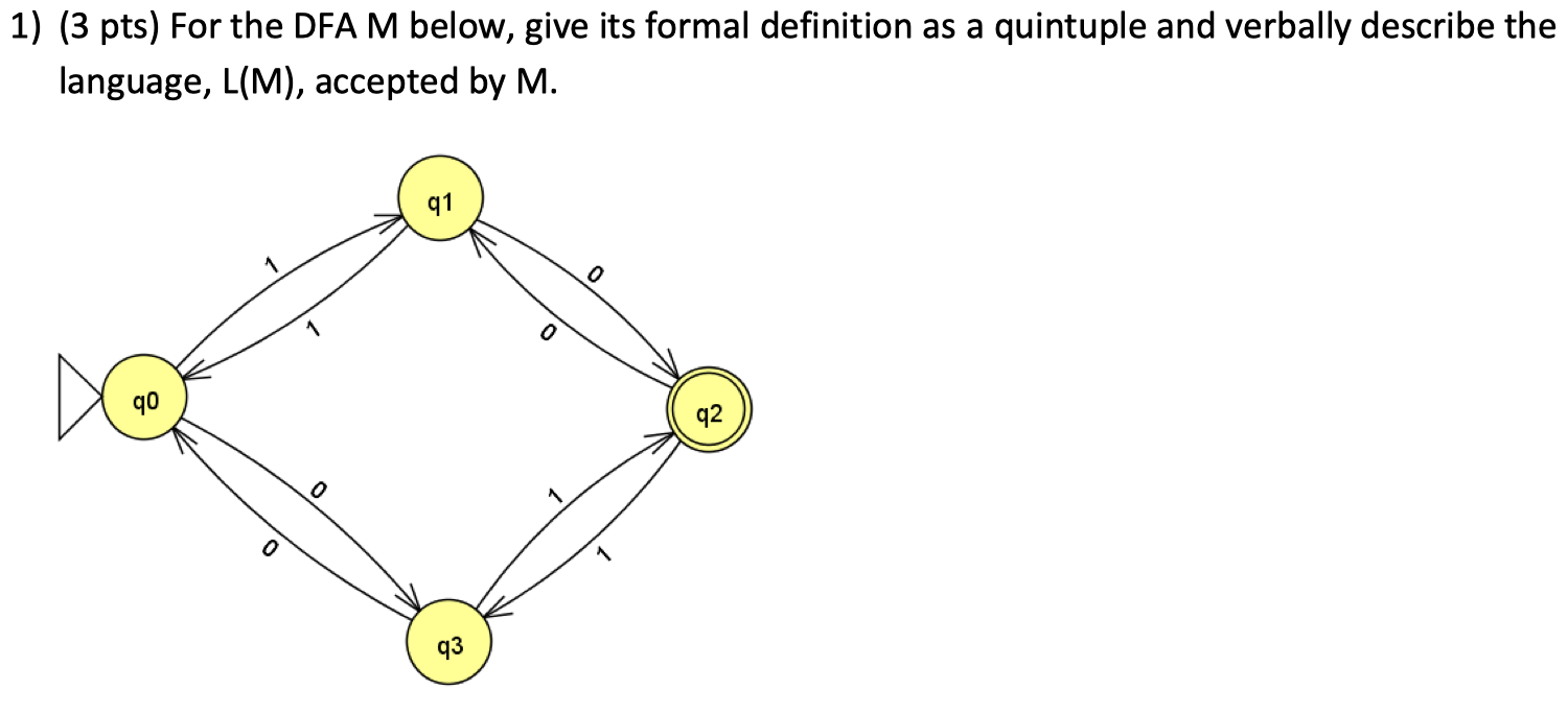 Solved 1) (3 pts) For the DFA M below, give its formal | Chegg.com