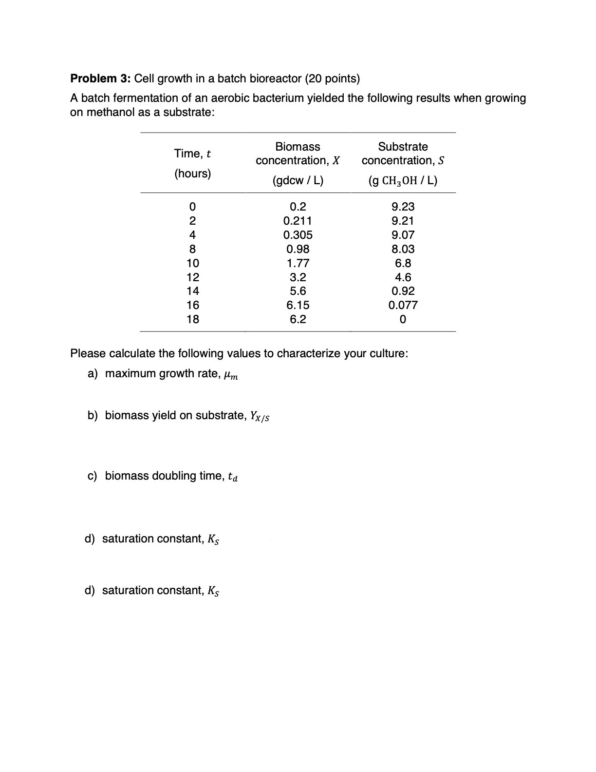 Solved Problem 3: Cell growth in a batch bioreactor ( 20 | Chegg.com