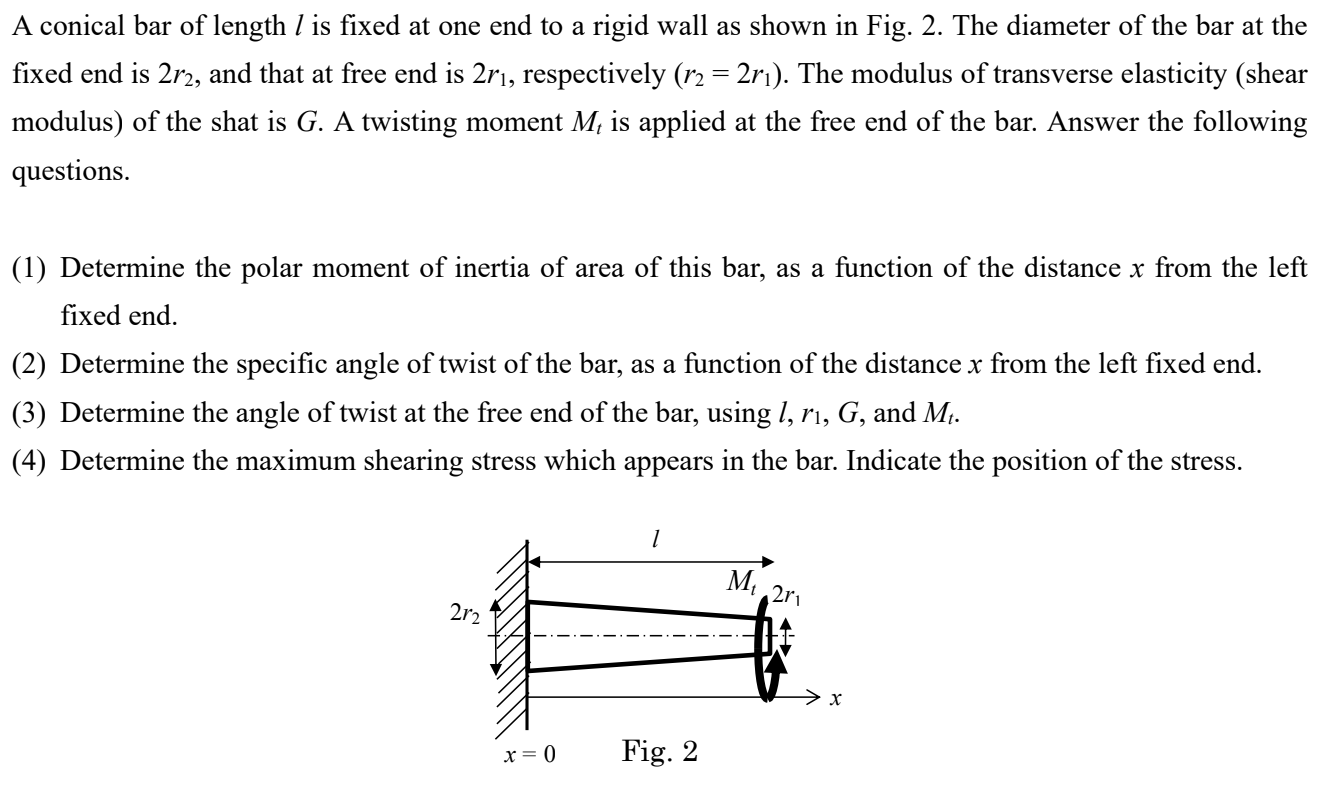 Solved A conical bar of length I is fixed at one end to a | Chegg.com