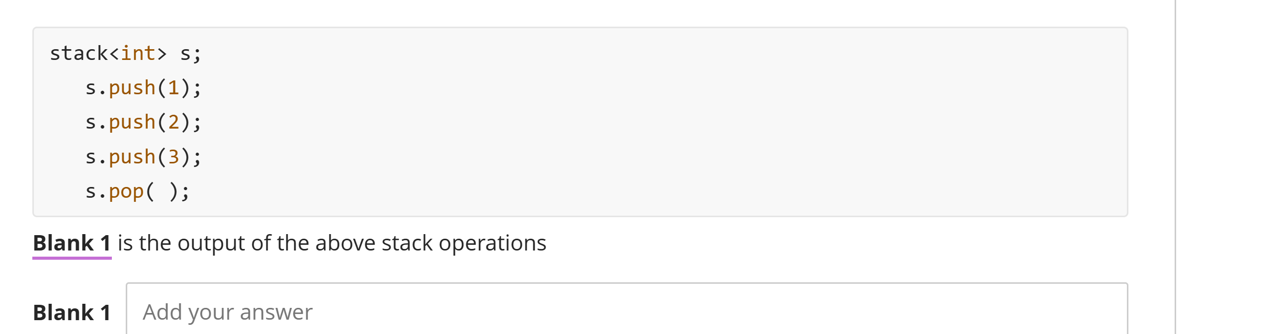Solved stack s; s.push(1); s.push(2); s.push(3); s.pop( ); | Chegg.com