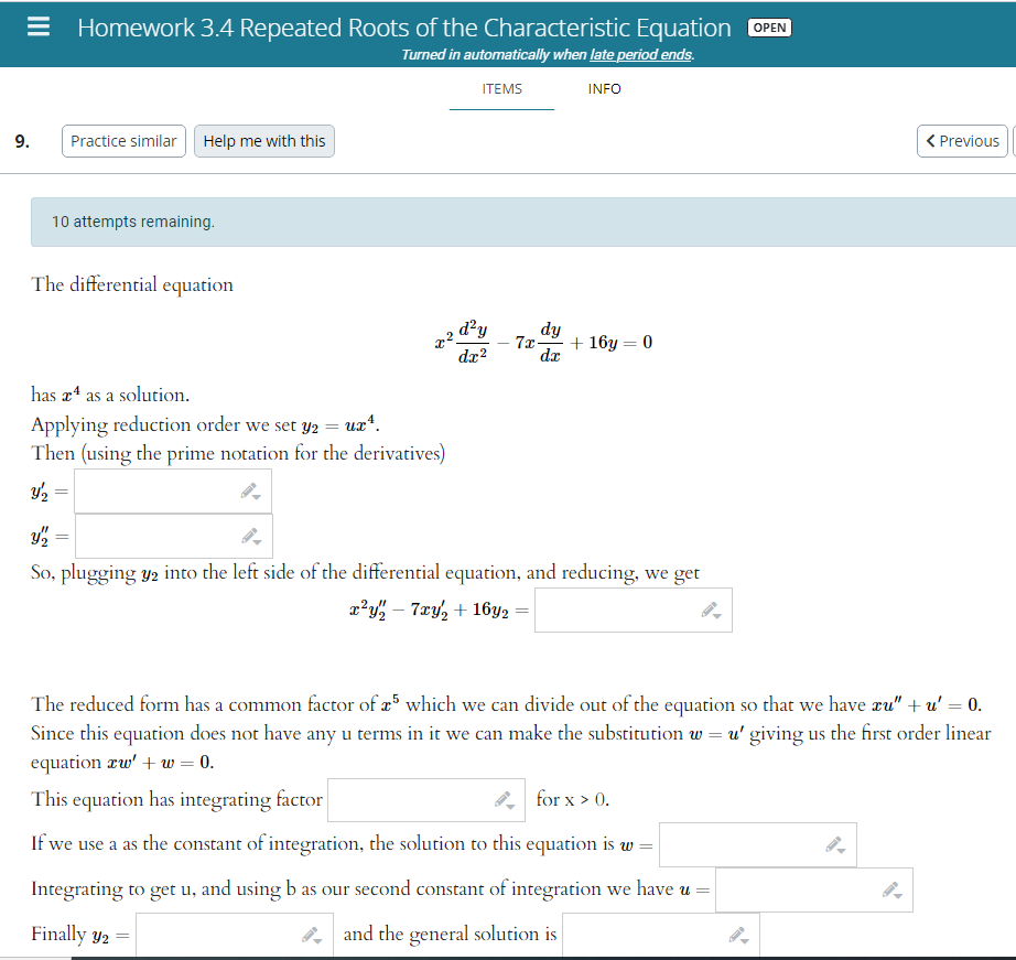 Solved 10 attempts remaining. The differential equation | Chegg.com