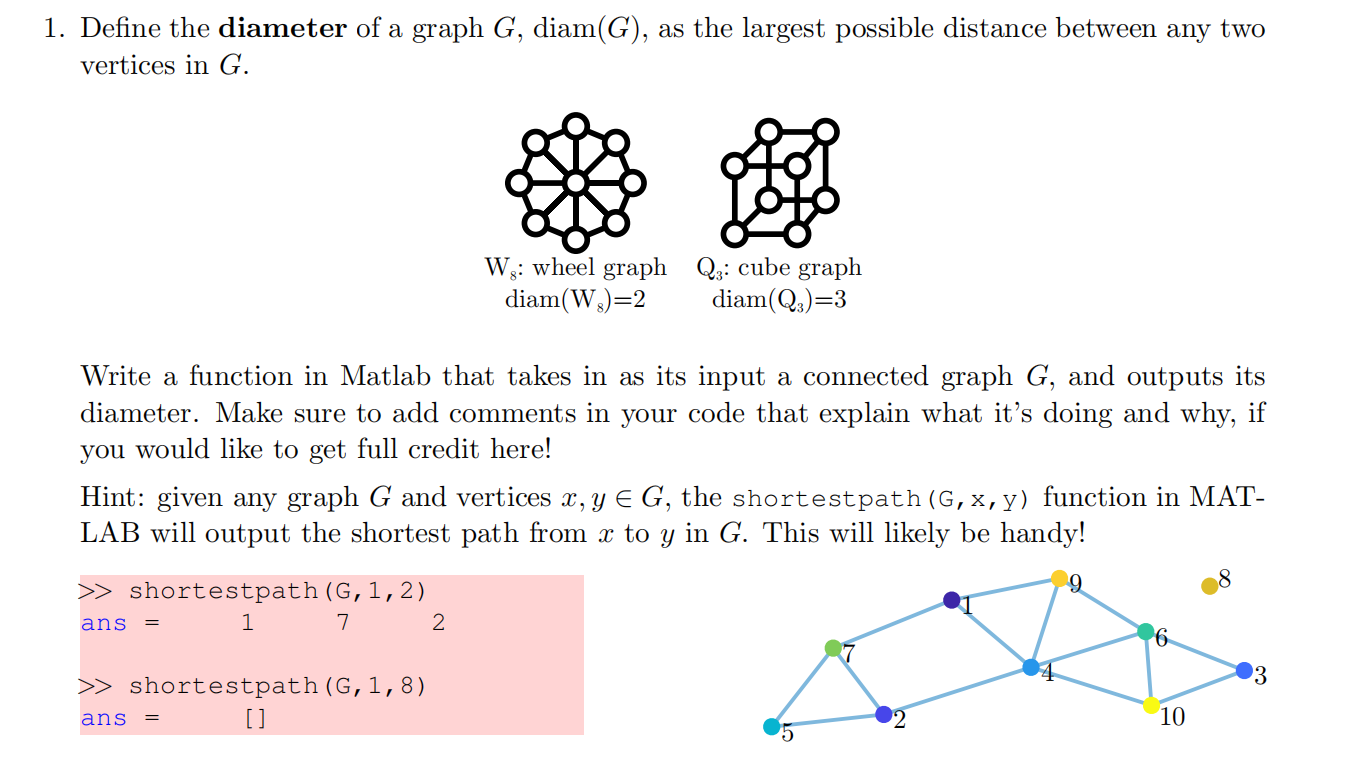 Solved 1. Define the diameter of a graph G, diam(G), as the | Chegg.com