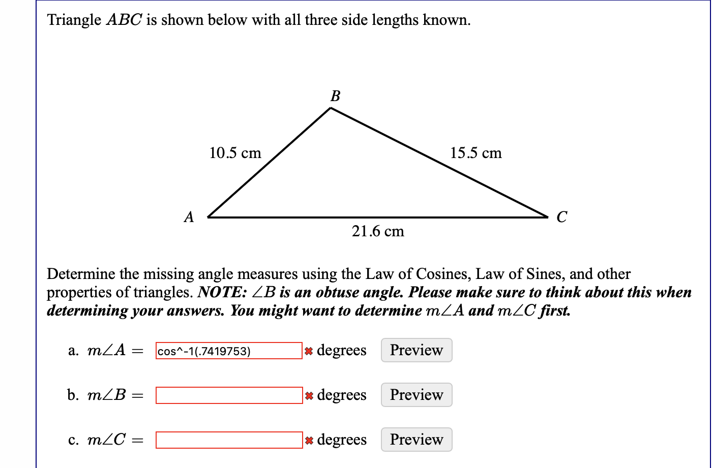 Solved Triangle ABC is shown below with all three side | Chegg.com