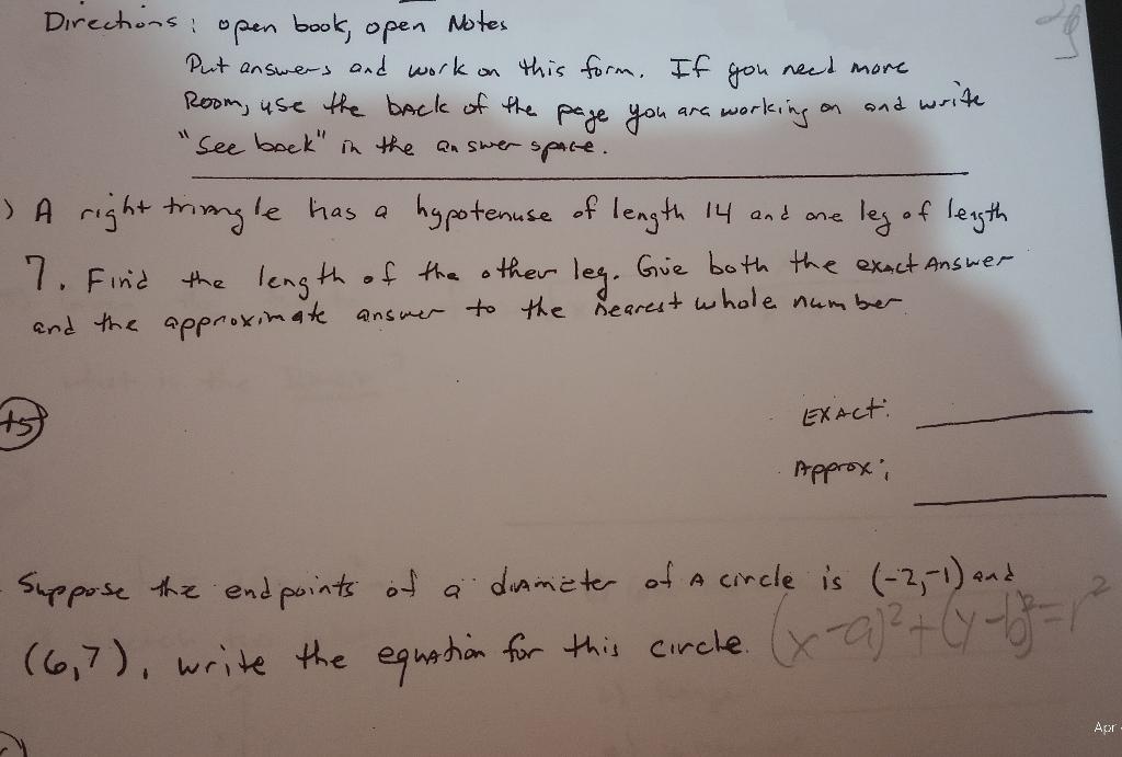 Solved Directions: open book, open Notes Put answers and | Chegg.com