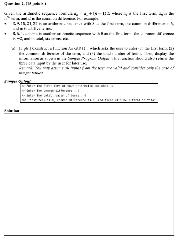 Solved Given the arithmetic sequence formula an=a1+(n−1)d; | Chegg.com