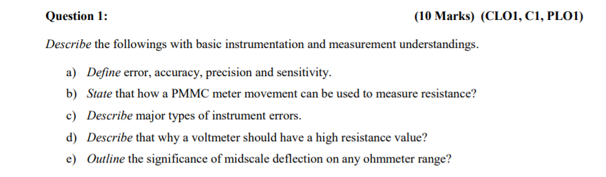 Solved Question 1: (10 Marks) (CLO1, C1, PLO1) Describe the | Chegg.com