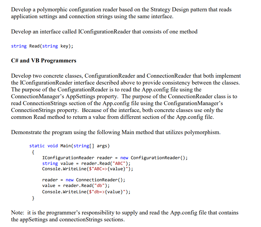 Solved Develop a polymorphic configuration reader based on | Chegg.com