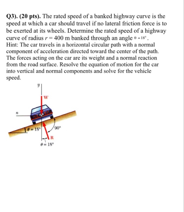 Solved Q3). (20 pts). The rated speed of a banked highway | Chegg.com