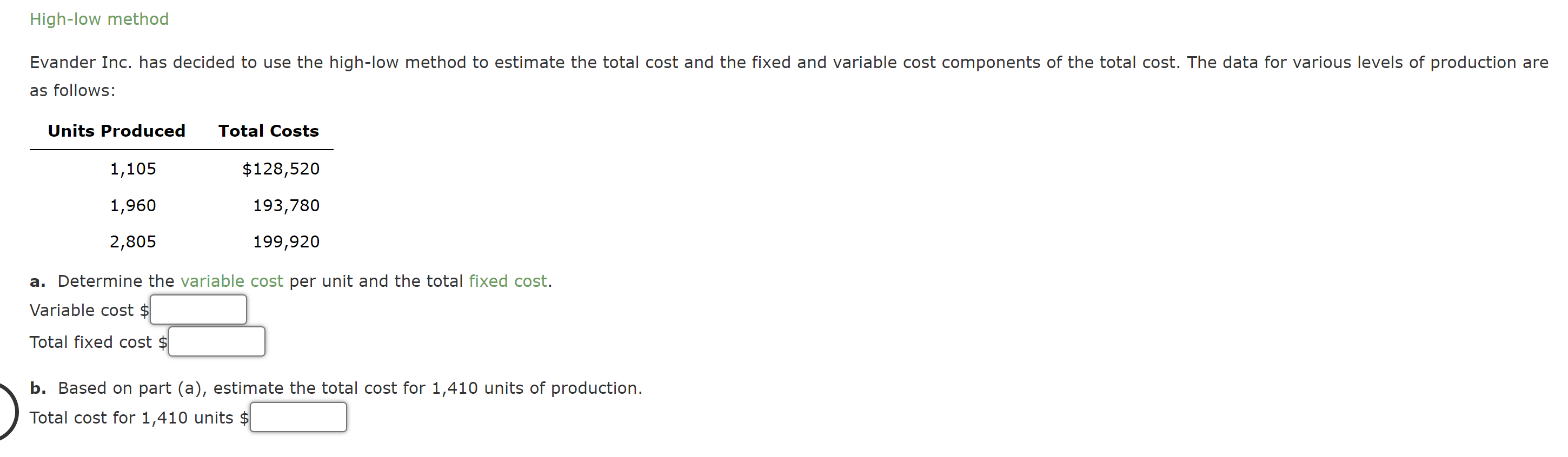 Solved High-low method as follows: a. Determine the variable | Chegg.com