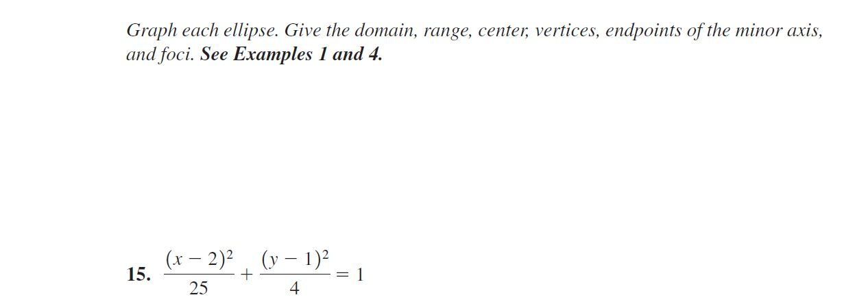 Solved Graph each ellipse. Give the domain, range, center, | Chegg.com