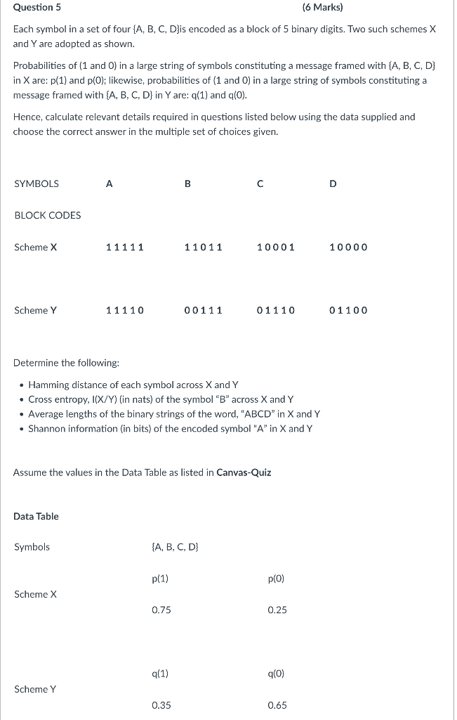 Question 5 (6 Marks) Each symbol in a set of four {A, | Chegg.com