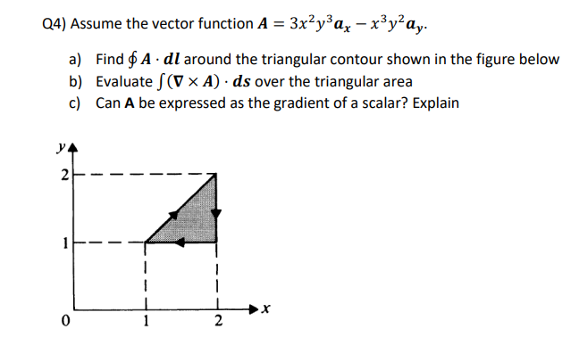 Solved Q4) Assume the vector function A=3x2y3ax−x3y2ay. a) | Chegg.com