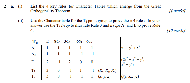 Solved 2 a. () List the 4 key rules for Character Tables | Chegg.com