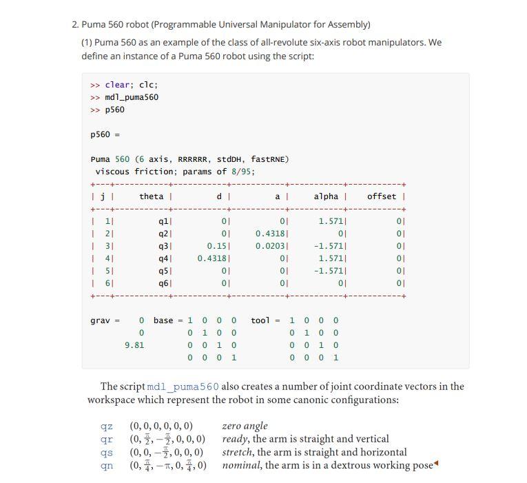 Solved 2. Puma 560 robot (Programmable Universal Manipulator | Chegg.com