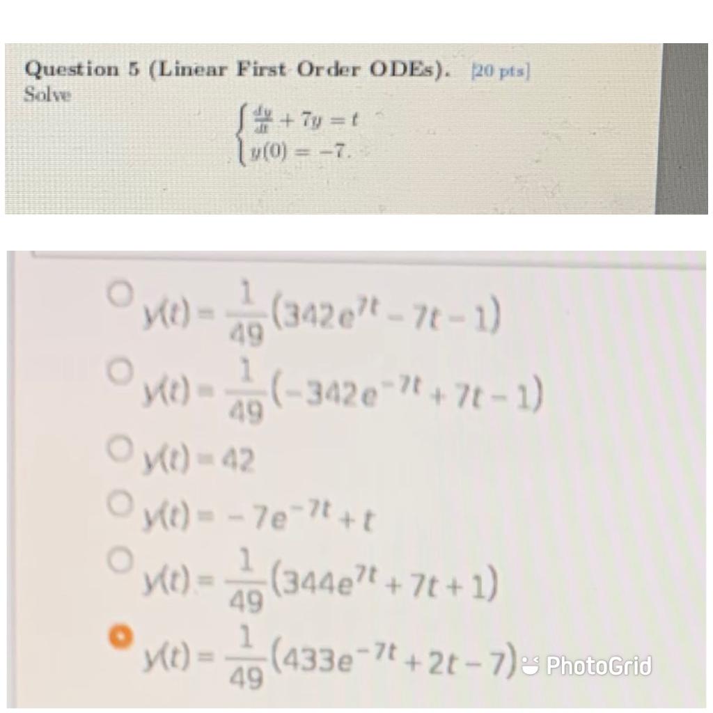 Solved Question 5 (Linear First Order ODE). 20 pts] Solve S | Chegg.com