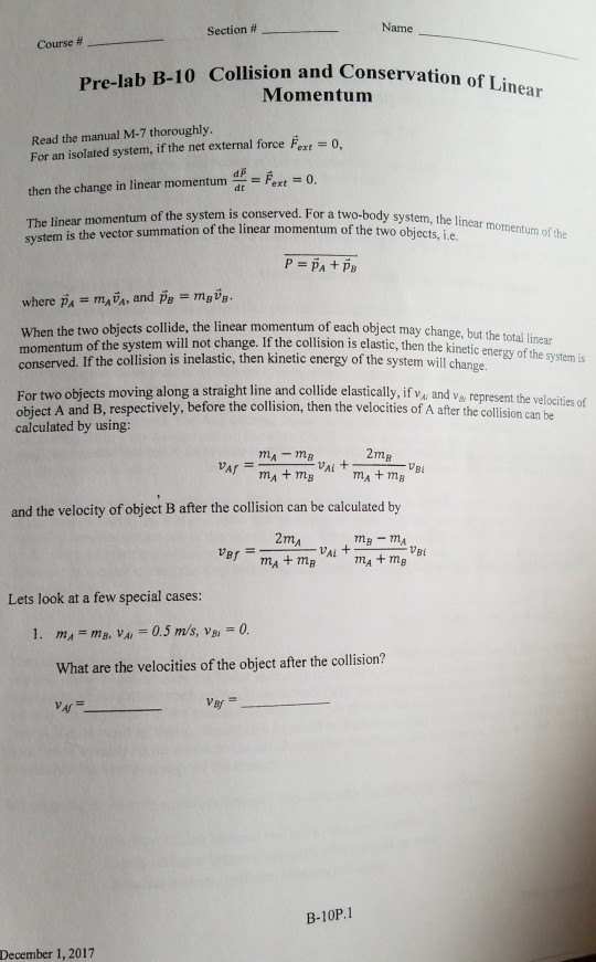 Solved Name Section # Pre-lab B-10 Collision and | Chegg.com