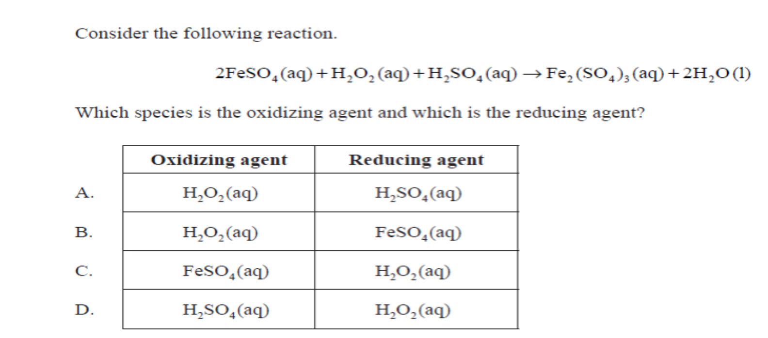 Solved Consider the following reaction. 2FeSO (aq) +H2O2(aq) | Chegg.com